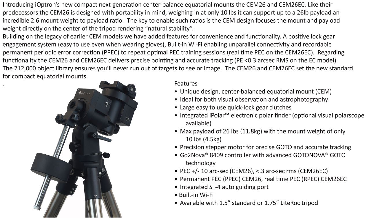iOptron CEM26 Centre Balanced EQ Mount & Tripod - Rother Valley Optics Ltd